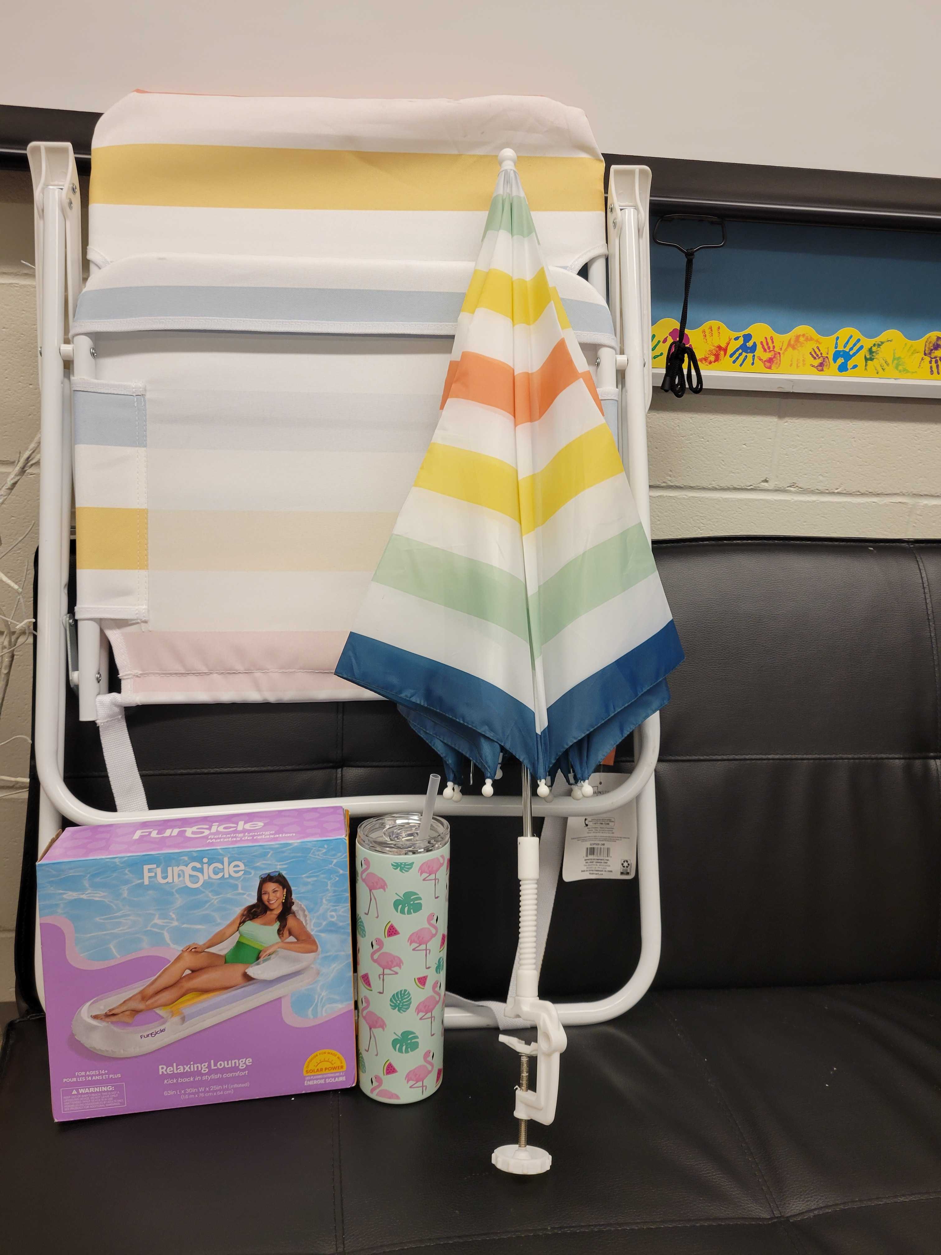 Item #48 - Beach Chair, Umbrella, Pool Float and Flamingo Cup ...